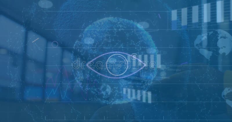 Image of Eye, Graphs, Loading Circles and Globes Over Empty Warehouse ...