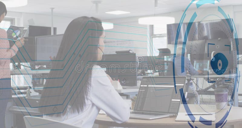Image Of Eye Over Caucasian Woman Learning Coding By Watching Online