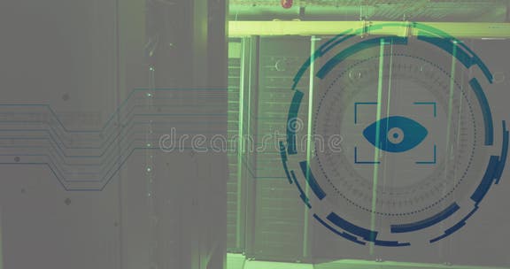 Image of Eye in Viewfinder with Loading Circles Over Illuminated Server ...