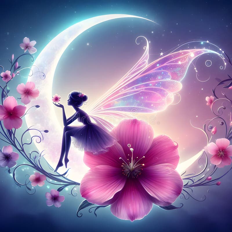 Image of Fairy Flower Sitting on a Crescent Moon, Magical Flower ...