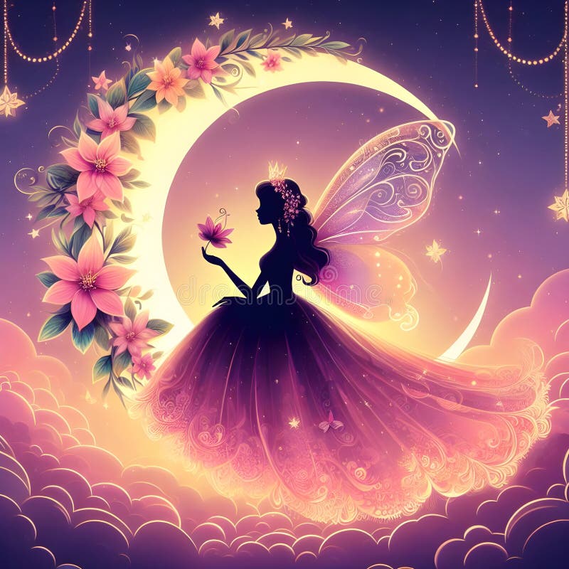 Image of Fairy Flower Sitting on a Crescent Moon, Magical Flower ...