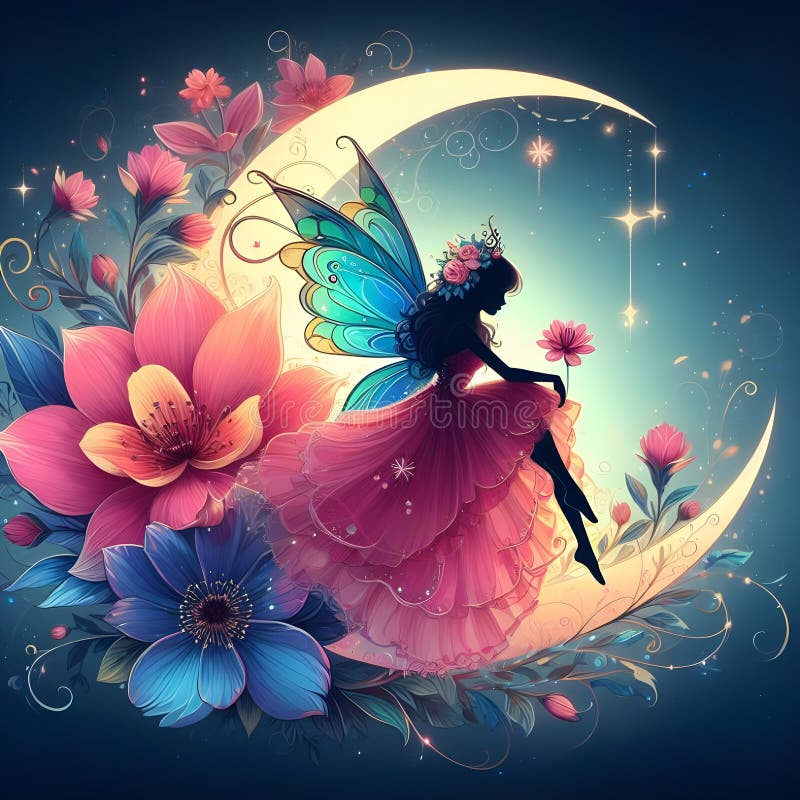 Image of Fairy Flower Sitting on a Crescent Moon, Magical Flower ...