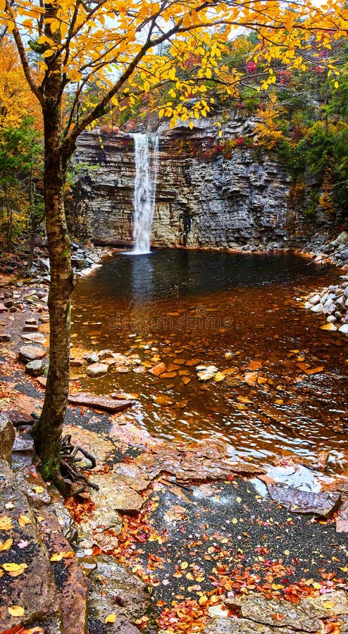 Fall Vibes in Forest with Large Waterfall Going Over Cliff Edge Stock ...
