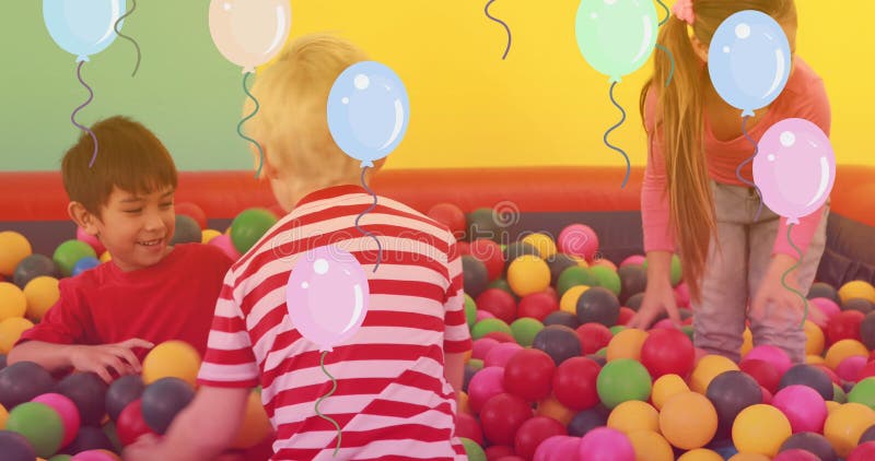 Image of Falling Balloons Over Happy Diverse Children Having Fun Stock ...