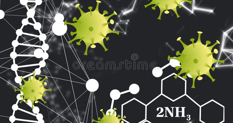 Image of Falling Cells and Chemical Formulas Over Black Background ...