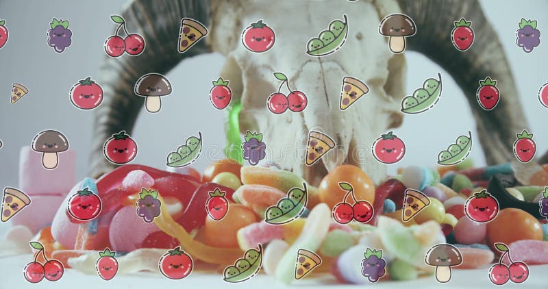 Image of Falling Food Over Fruit and Vegetable on Table Stock Image ...