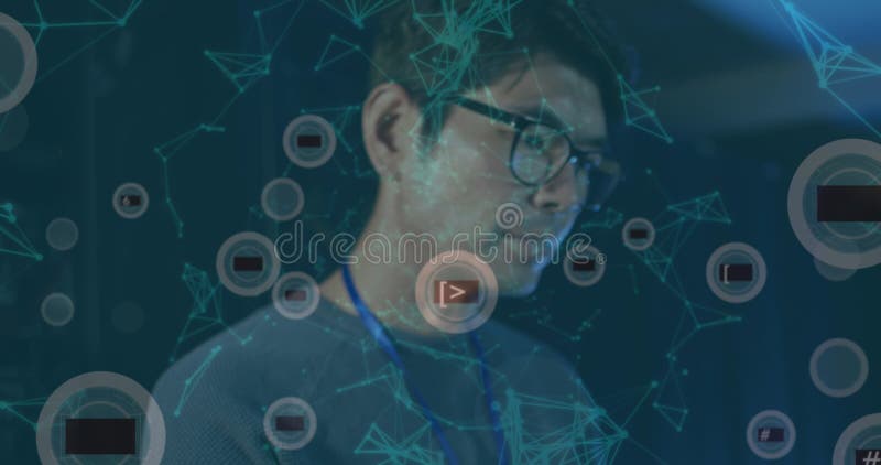 Image of Falling Icons and Network of Connections Over Biracial Male ...