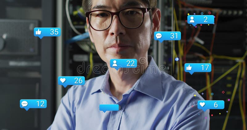 Image of Falling Icons and Network of Connections Over Biracial Male ...