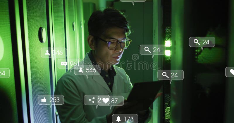 Image of Falling Icons Over Biracial Male Server Room Worker Stock ...