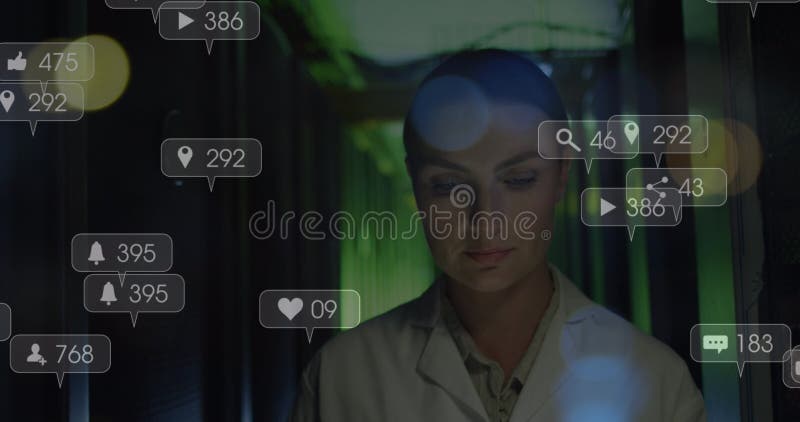 Image of Falling Icons Over Caucasian Female Server Room Worker Stock ...