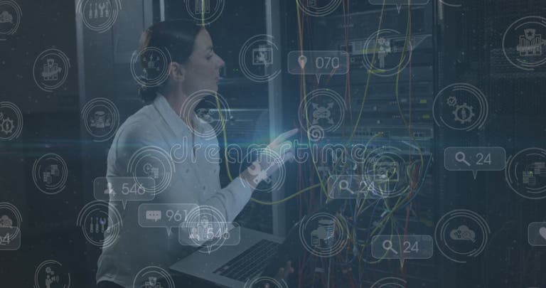 Image of Falling Icons Over Caucasian Female Server Room Worker Stock ...