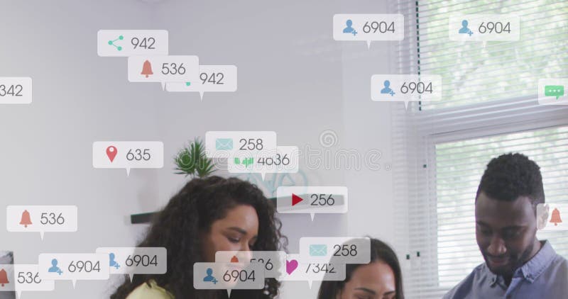 Image of Falling Notification Bars Over Diverse Coworkers Sharing Ideas ...