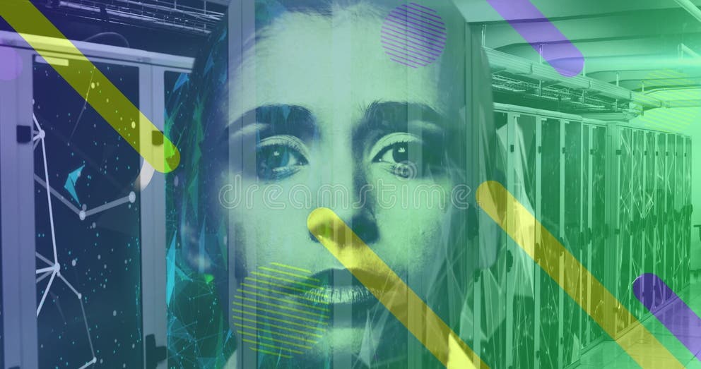 Image of Falling Shapes and Female Face Over Server Room Stock ...