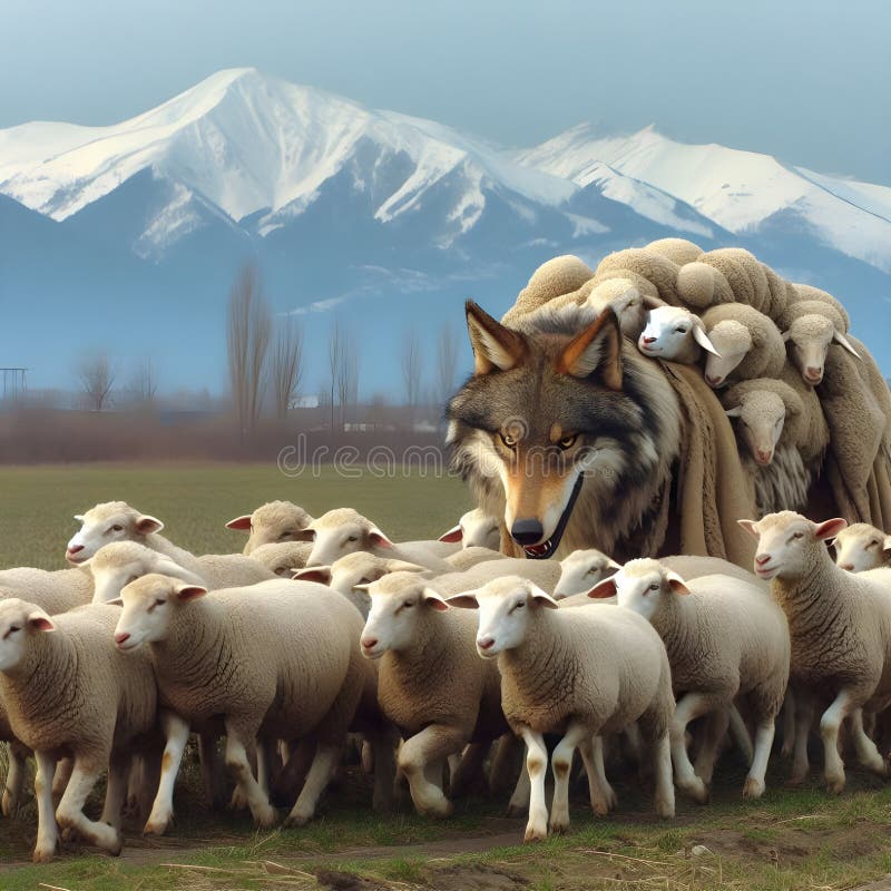 Image of False Wolf Disguises in Sheep S Skin, Leading a Flock of Sheep ...