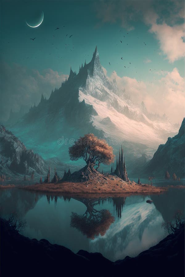 Image of Fantasy Landscape with Tree and Lake, Created Using Generative ...