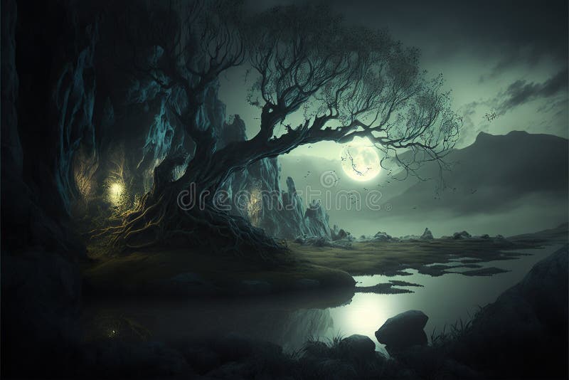 Image of Fantasy Landscape with Tree and Moon, Created Using Generative ...