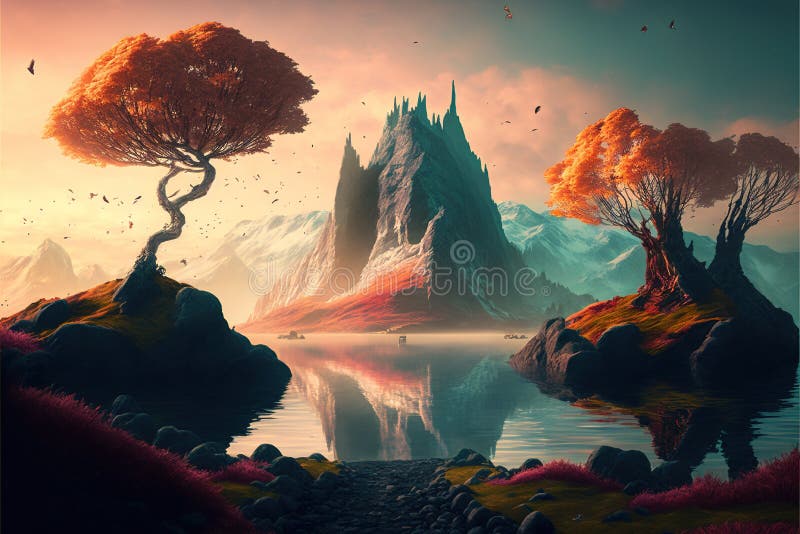 Image of Fantasy Landscape with Trees and Lake, Created Using ...