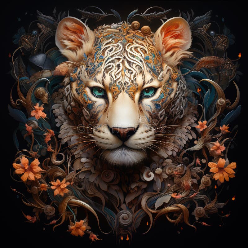 Image of Fantasy of Leopard Head Surrounded by Various Patterns ...