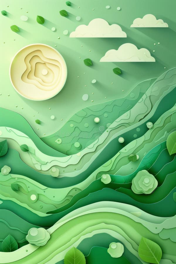 Abstract Layered Paper Art with Green Waves and Clouds, Unique Greenery ...