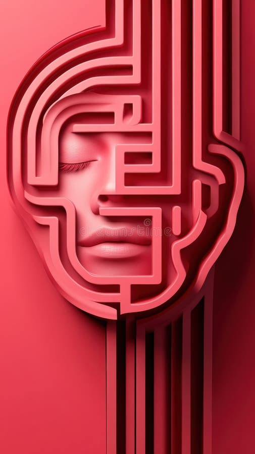 Abstract Face Design with Intricate Red Patterns and Serene Expression ...