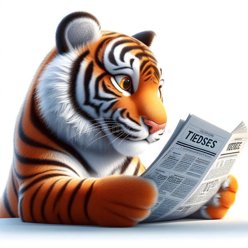 A Cute Cartoon Tiger Reading a Newspaper with a Cup of Coffee beside it ...