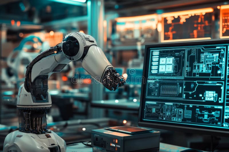 A Futuristic Robotic Arm Interacts with a High-tech Computer Screen ...