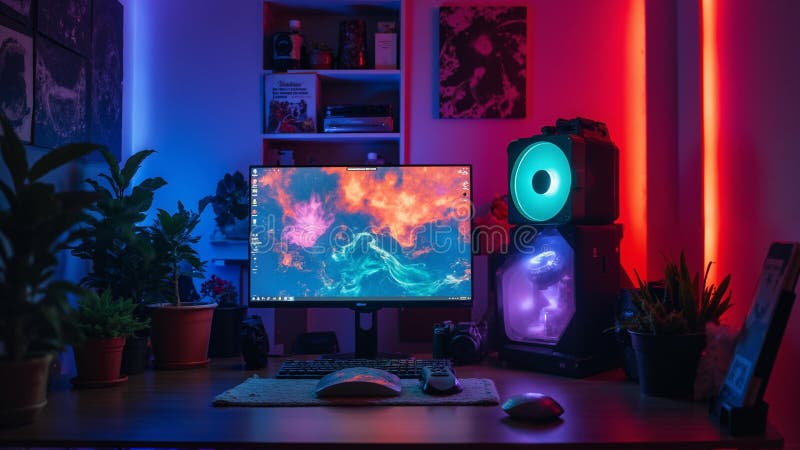 Gaming setup at night stock illustration. Illustration of sterilely ...