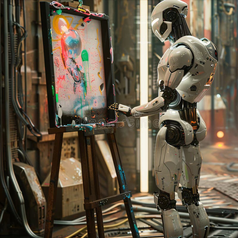 Robotic Artist Engaged in Abstract Painting Futuristic Robot Creates ...