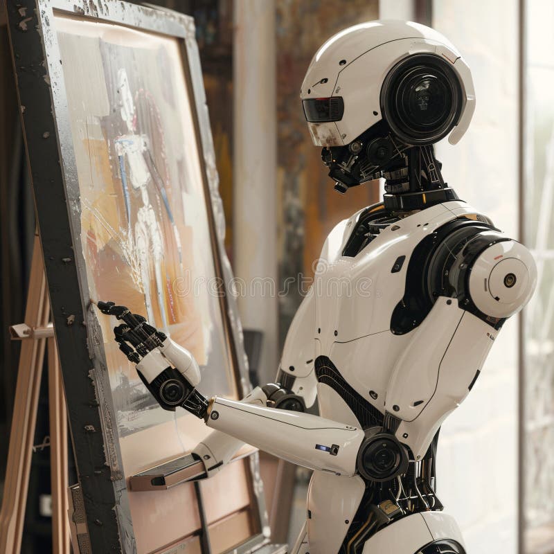 Robotic Artist Engaged in Abstract Painting Futuristic Robot Creates ...