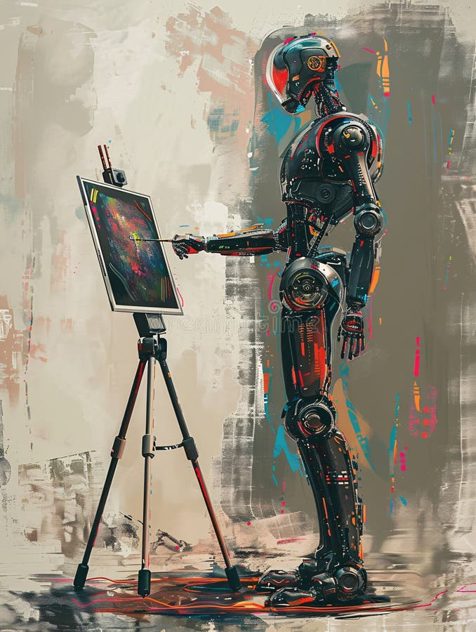 Robotic Artist Engaged in Abstract Painting Futuristic Robot Creates ...