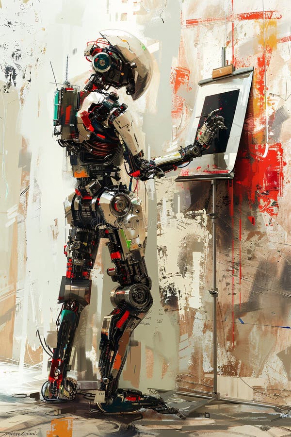 Robotic Artist Engaged in Abstract Painting Futuristic Robot Creates ...