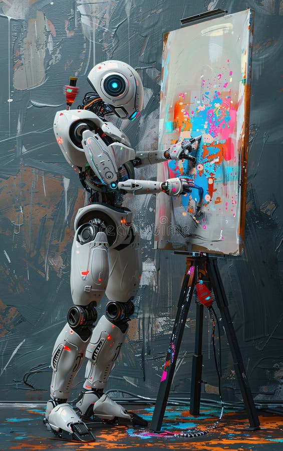 Robotic Artist Engaged in Abstract Painting Futuristic Robot Creates ...