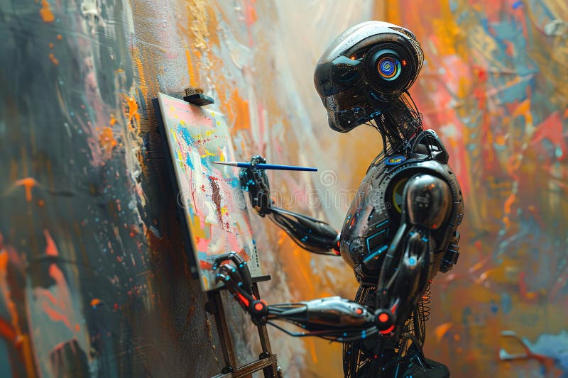 Robotic Artist Engaged in Abstract Painting Futuristic Robot Creates ...