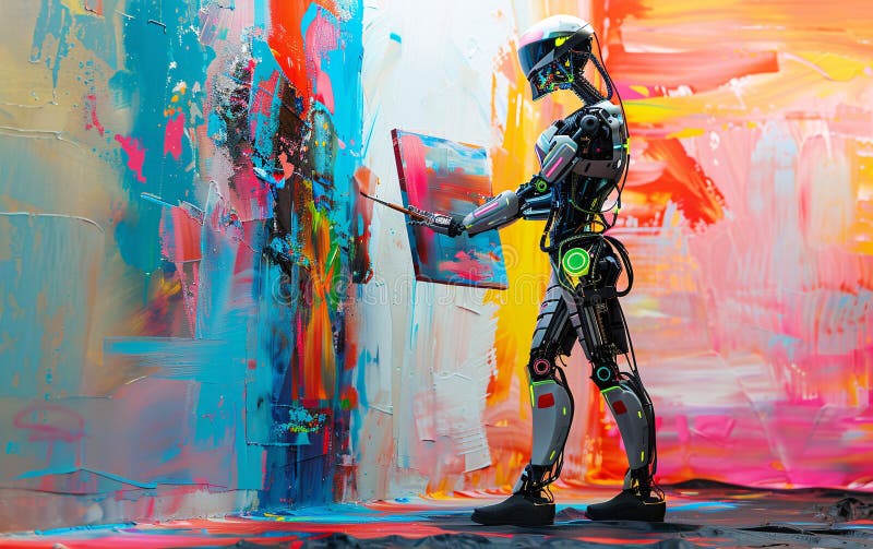 Robotic Artist Engaged in Abstract Painting Futuristic Robot Creates ...