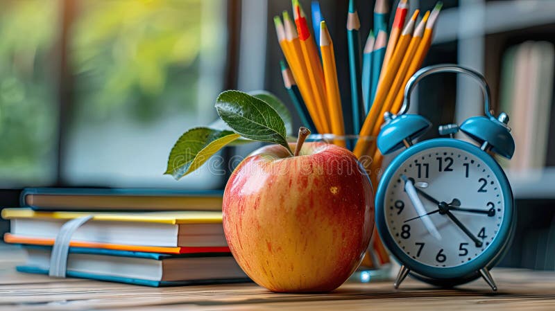 Back To School Essentials: Apple on Piled Books with Pencils and Alarm ...