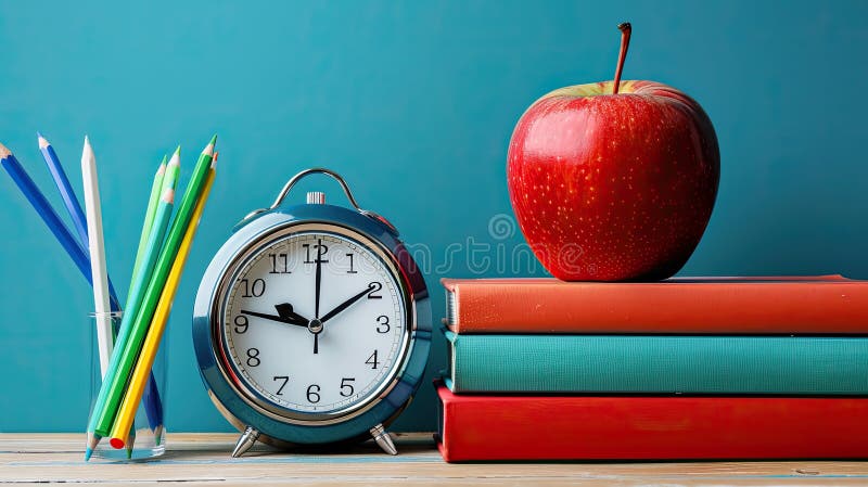 Back To School Essentials: Apple on Piled Books with Pencils and Alarm ...