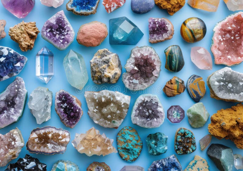 A Variety of Colorful Crystals and Gemstones Arranged on a Light Blue ...