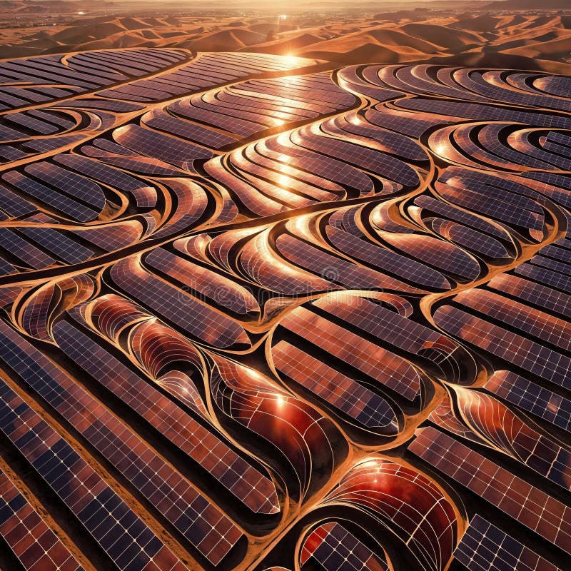 Array of Red Solar Panels in a Desert with a Setting Sun., Generative ...