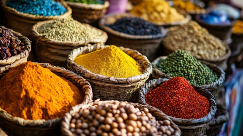 A Vibrant Display of Colorful Spices Arranged in Woven Baskets. Each ...