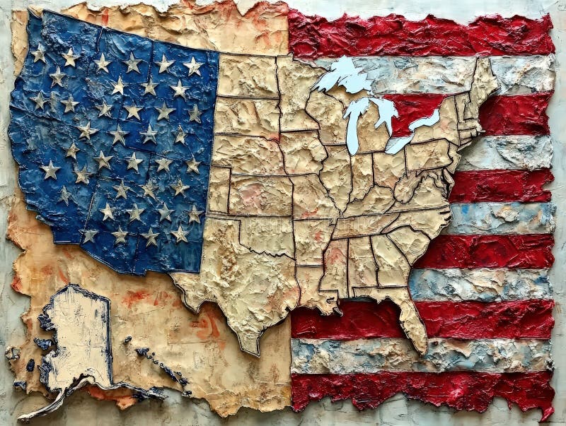 Artistic USA Map Showcasing States and Flag with Rich Textural Elements ...