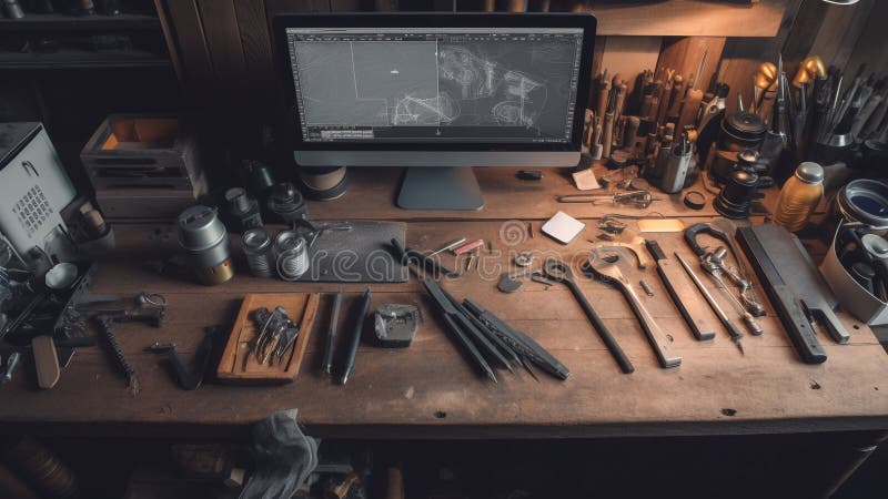 A Desk with a Computer and Tools and Instruments on a Workbench of ...