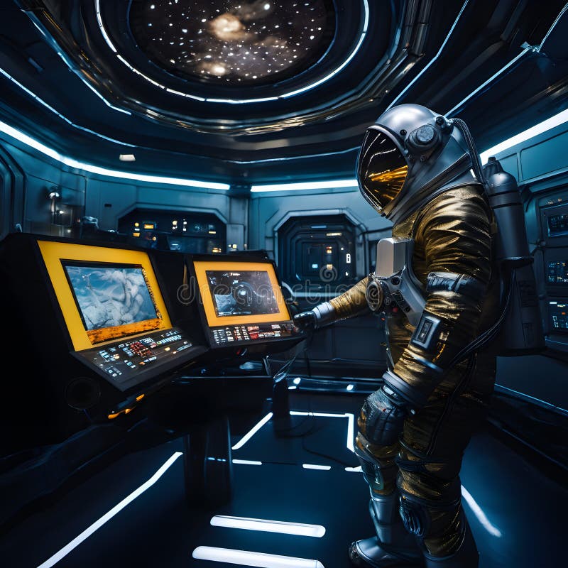 Astronaut in Futuristic Spaceship Operating Controls Stock Photo ...