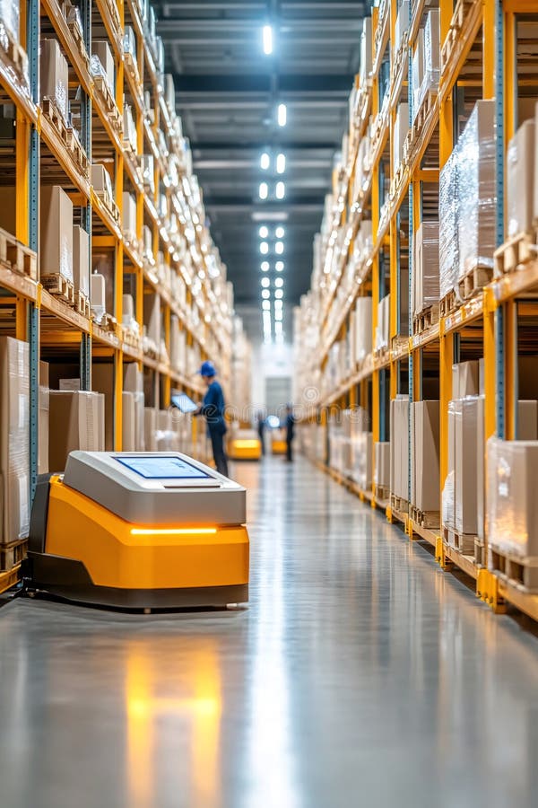 Automated Robot in a Modern Warehouse Aisle with Workers and High ...