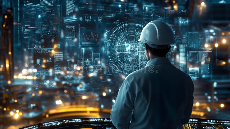 Engineer Monitoring Digital Systems in a Futuristic Control Room Stock ...