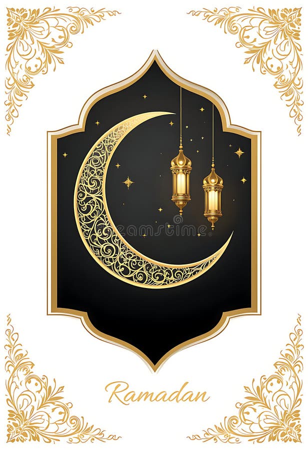 Elegant Gold Ramadan Crescent Moon and Lanterns Design Stock ...