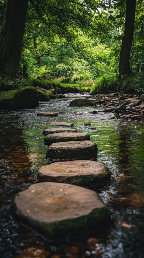 A Serene Stream Flows through Lush Greenery. Natural Stone Steps Create ...