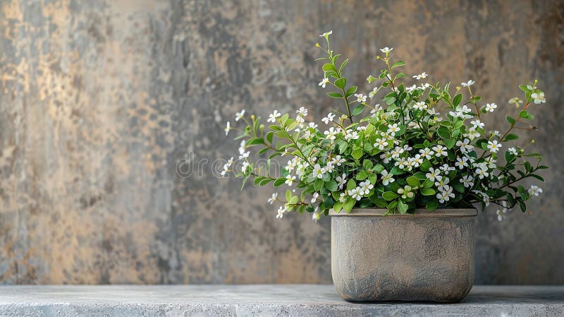 White Flower Arrangement in Rustic Pot on Textured Background Stock ...