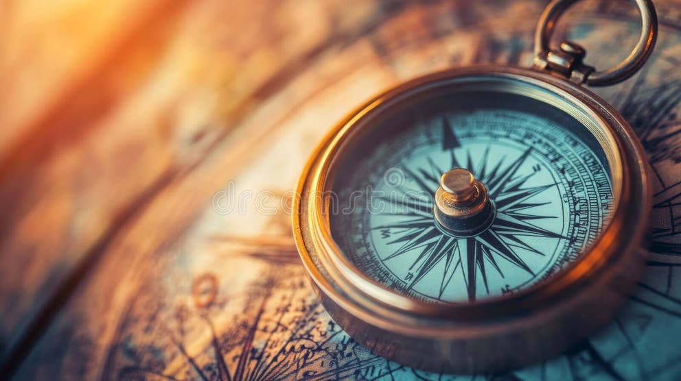 An Antique Compass Rests on a Vintage Map. the Intricate Details Tell ...