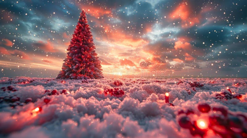 Christmas Tree in Snowy Landscape at Sunset - Generative AI Stock ...