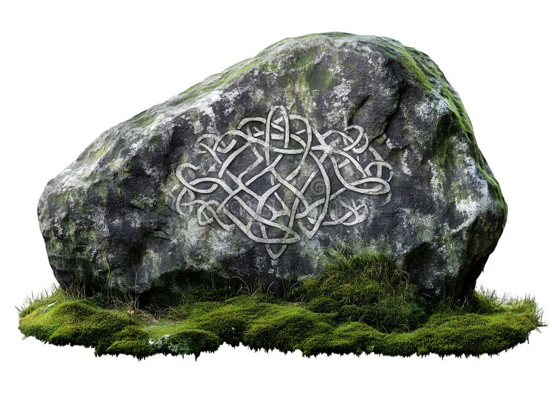 Celtic Knot Engraved on a Rock Surrounded by Green Moss and Grass Stock ...